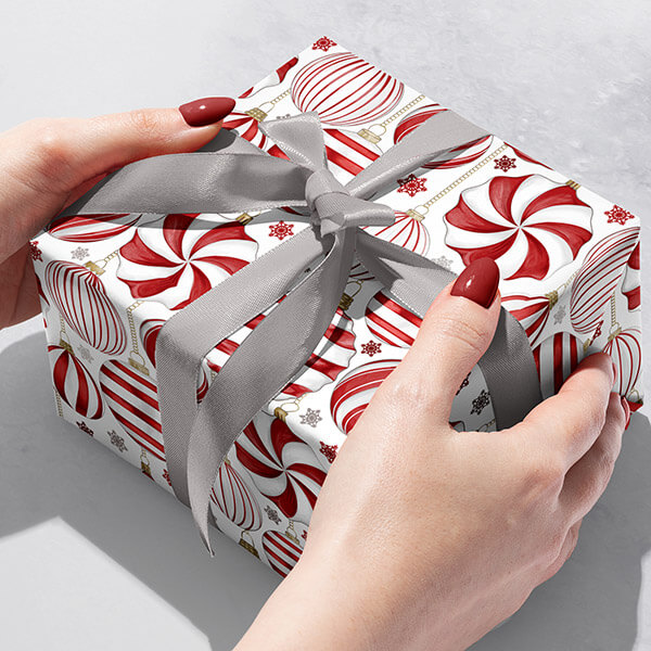 Red & White Ornaments Gift Wrap, 24"x417', Half Ream Roll | Nashville Wraps
